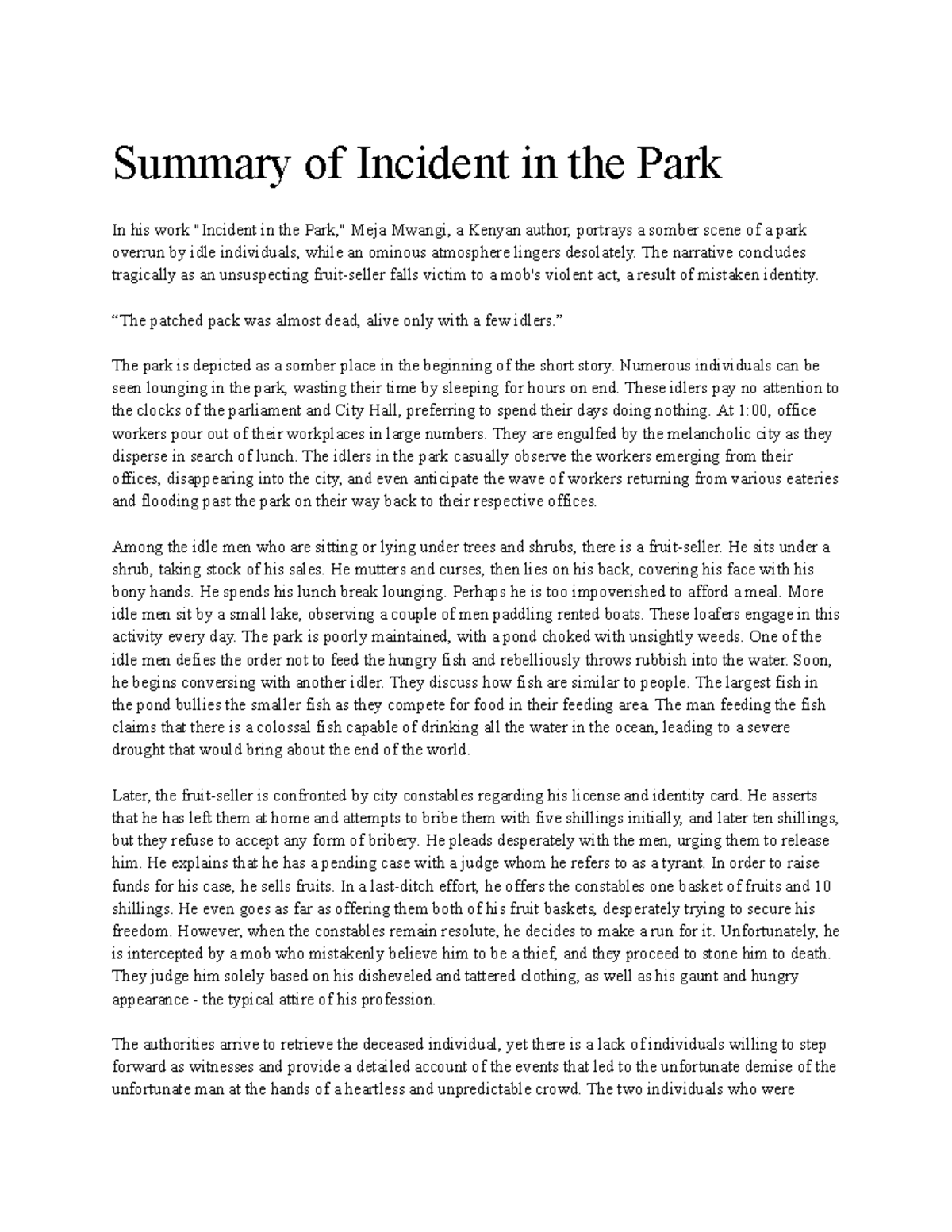 Summary of "Incident in the Park" by Meja Mwangi - Studocu