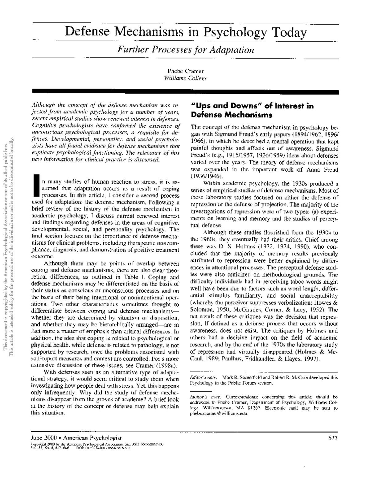 Psychology 200: Defense Mechanisms and Adaptation in Modern Psychology ...