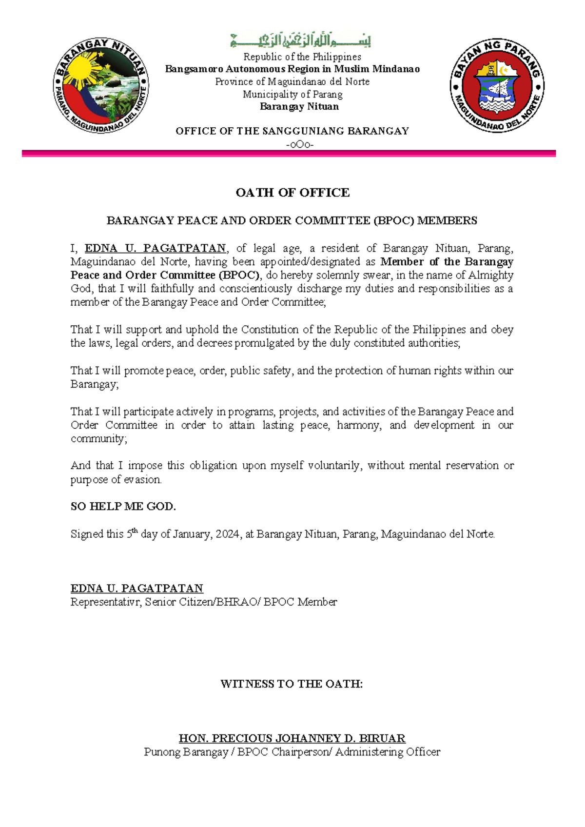 Oath of Office for BPOC Members - Barangay Nituan, Maguindanao - Studocu