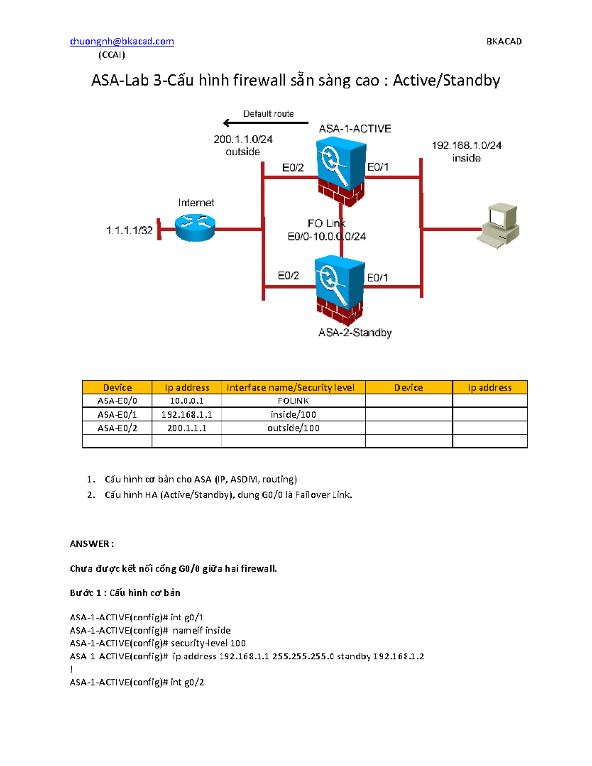 BKACAD CCAI: ASA Lab 3 - Cấu Hình Firewall Active/Standby - Studocu