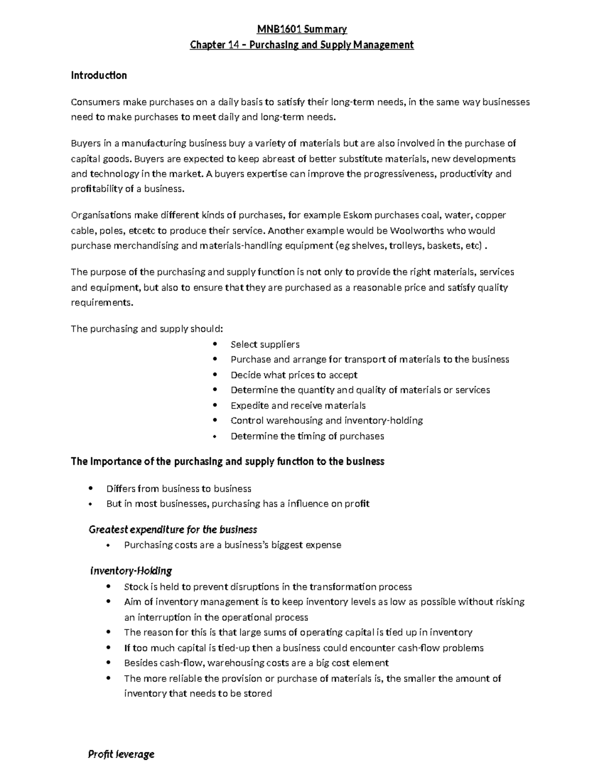 MNB1601 Summary: Chapter 14 - Purchasing & Supply Management Insights ...
