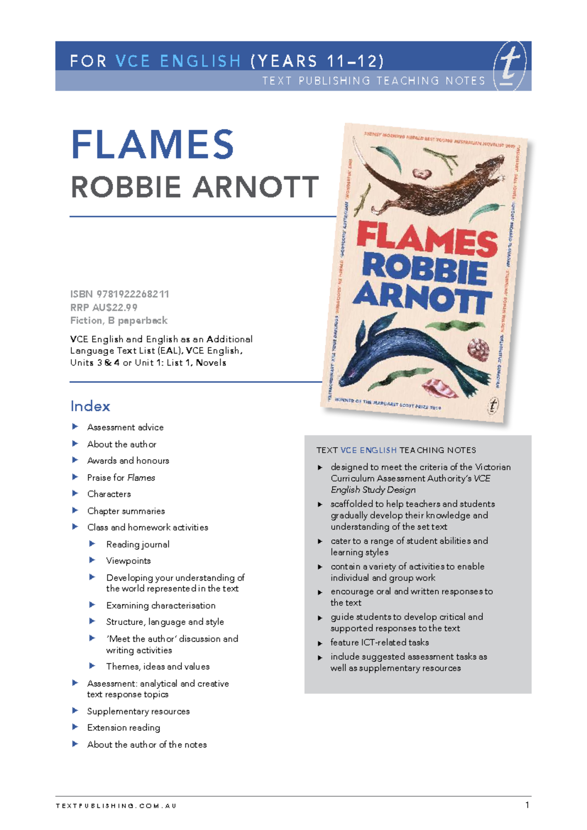 VCE English Teaching Notes: Flames by Robbie Arnott - Studocu