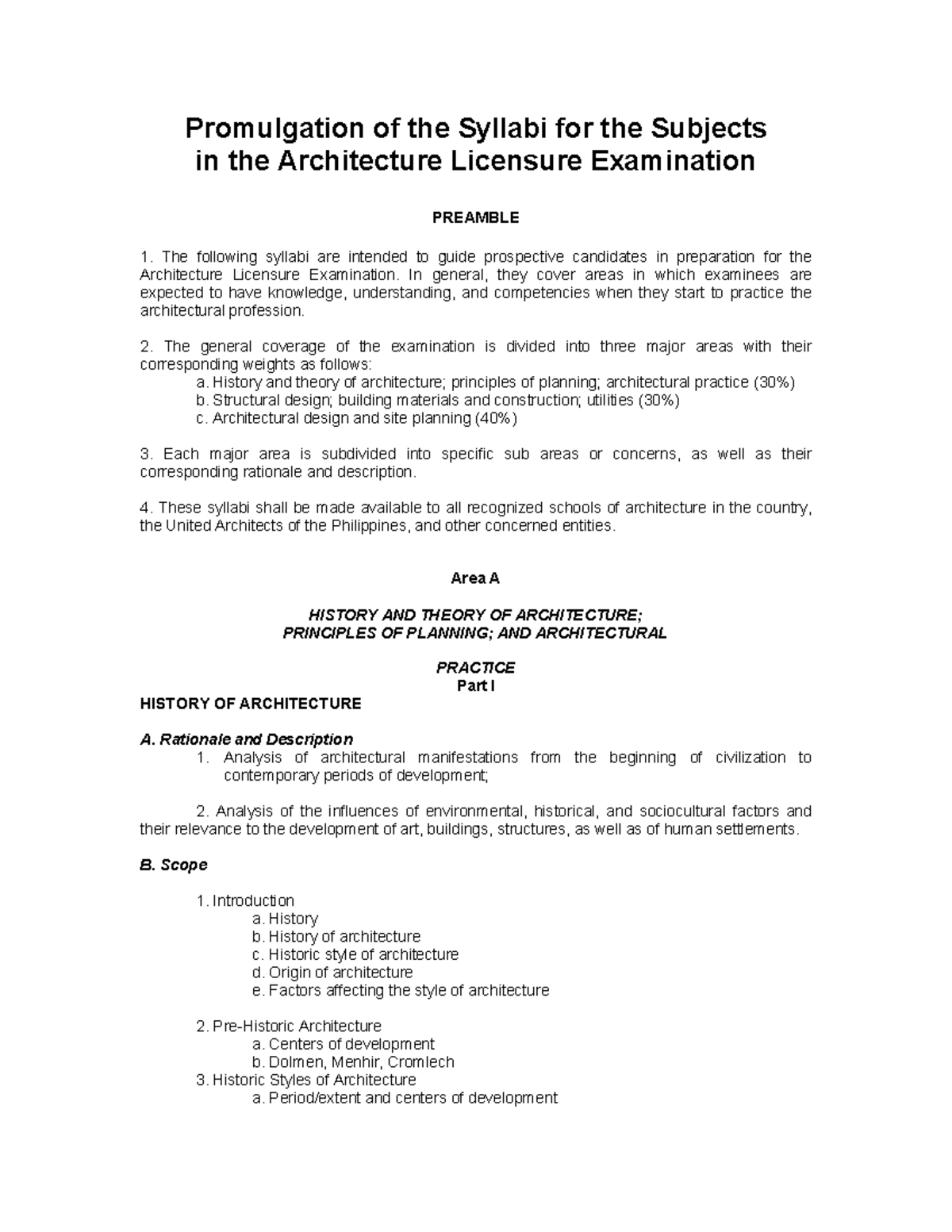 Board of Architecture - Syllabi for Licensure Exam 0-1 - Studocu