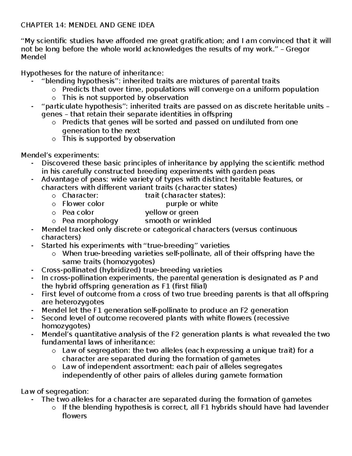 Chapter 14 Notes: Mendel and the Gene Idea - Campbell Biology, Dr. O ...