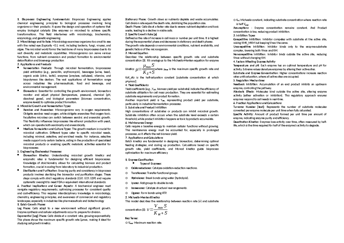 Summary Lesson - Bioprocess Engineering (Rekaya Bioproses) - Studocu