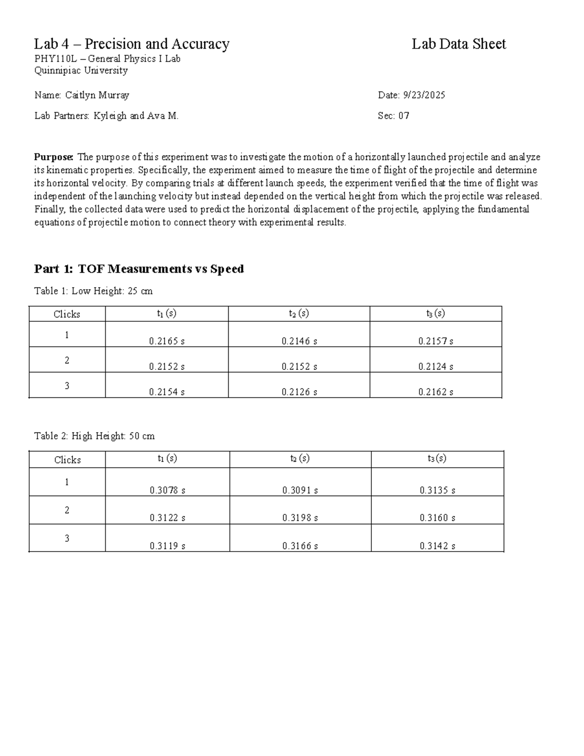 PHY110L Lab 4 - Precision and Accuracy in Projectile Motion - Studocu