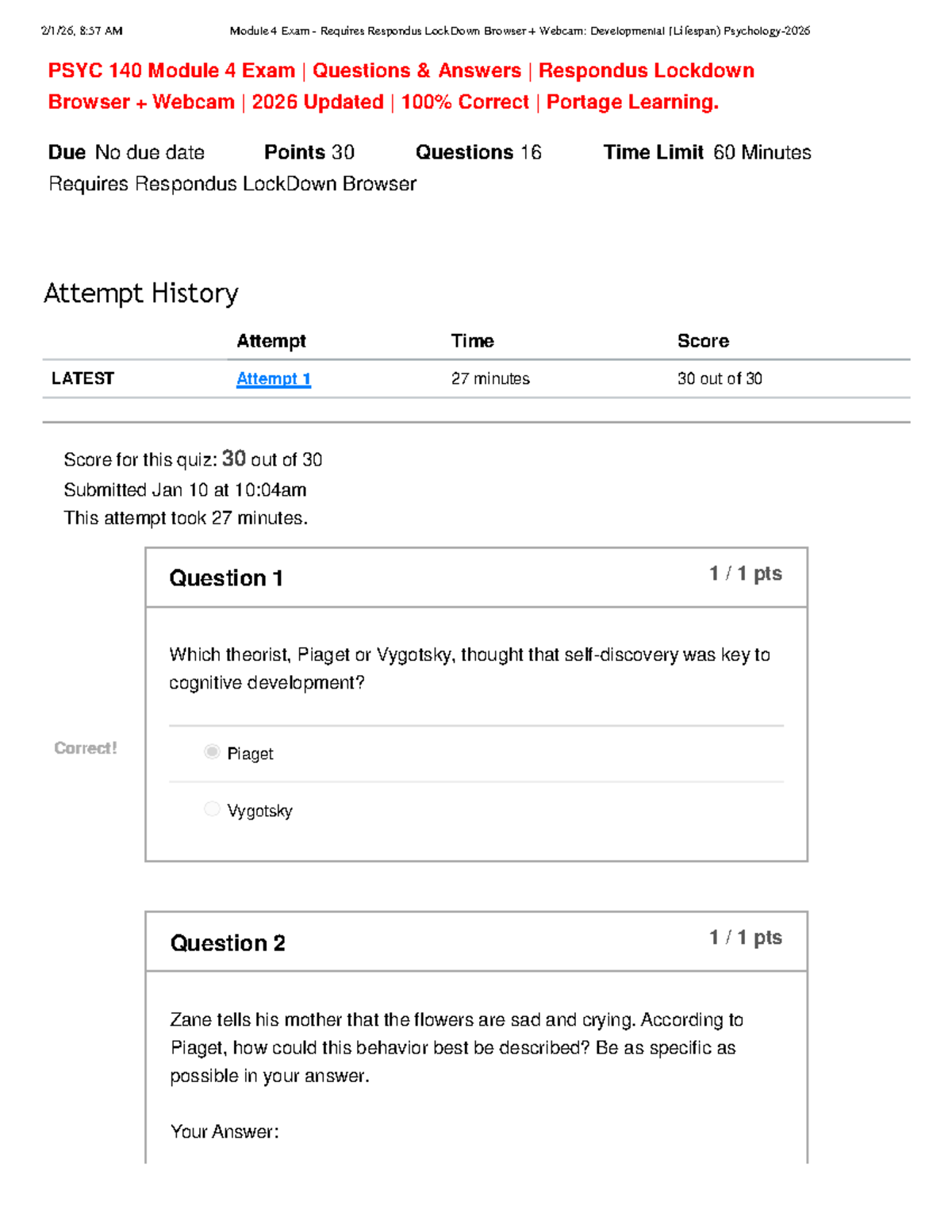 Module 4 Exam Questions & Answers: PSYC 140 Developmental Lifespan ...