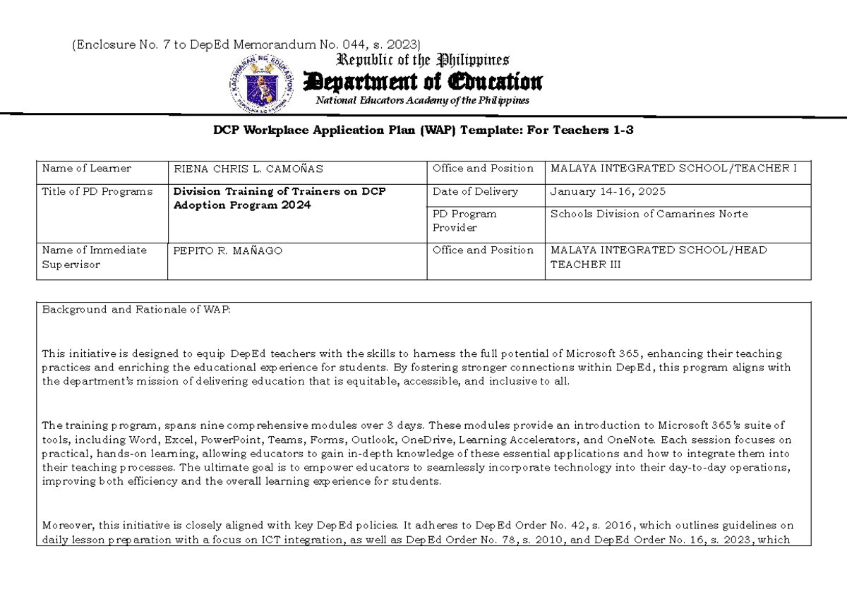 Workplace Application Plan (WAP) for Teachers I-III: Microsoft 365 ...