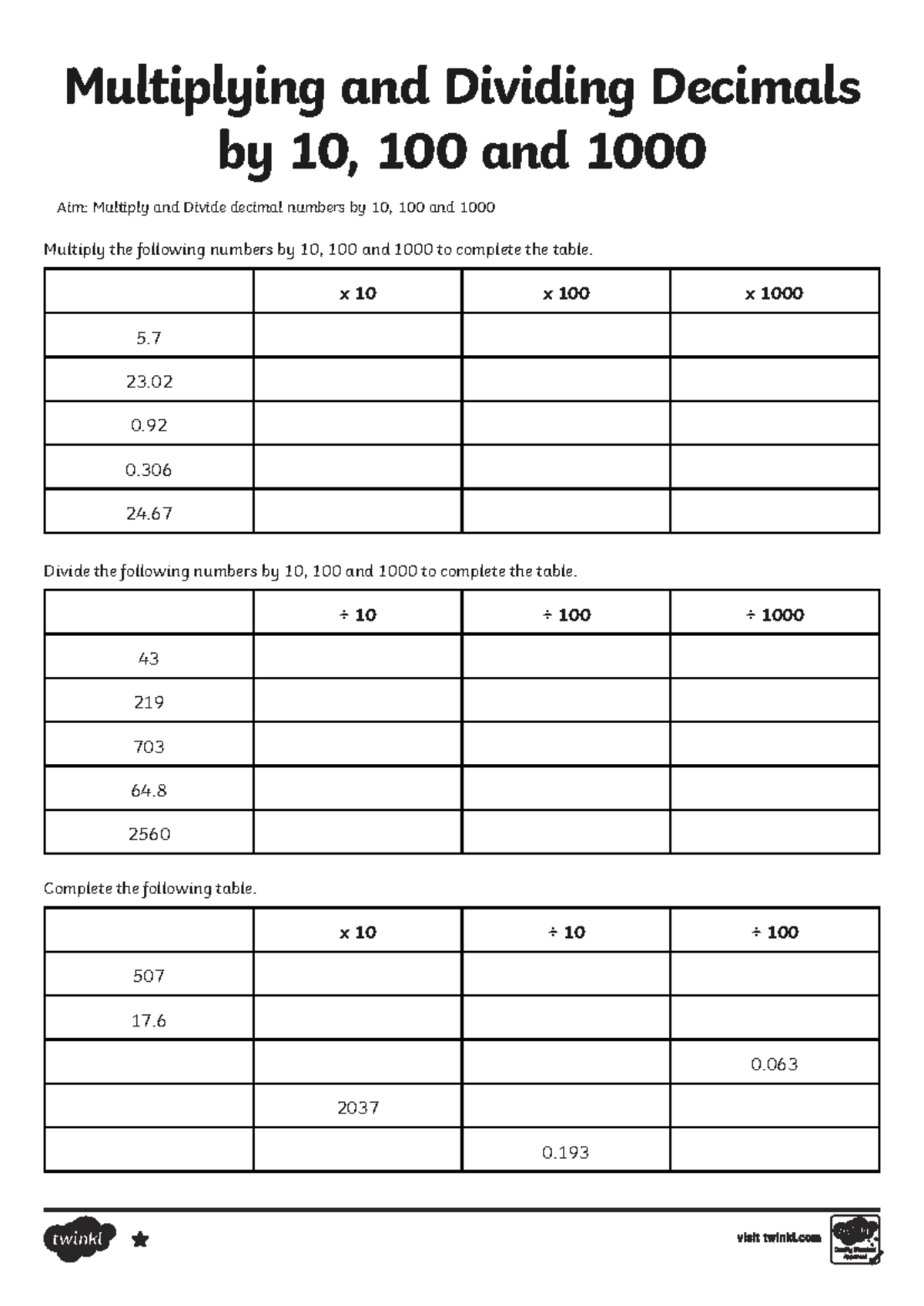 Multiplying and Dividing Decimals: Activity Sheets for Maths 10, 100 ...