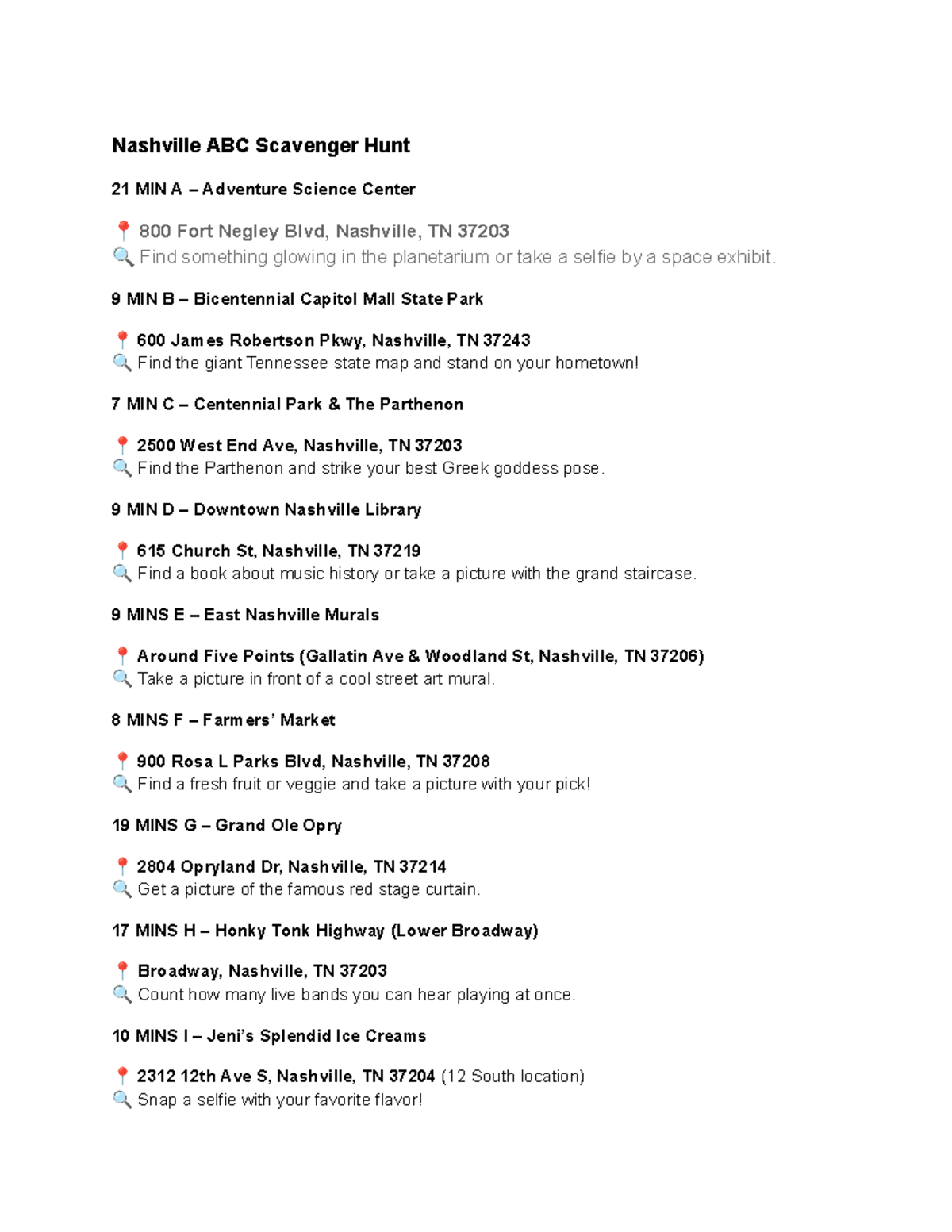Nashville ABC Scavenger Hunt Adventure Guide - Studocu