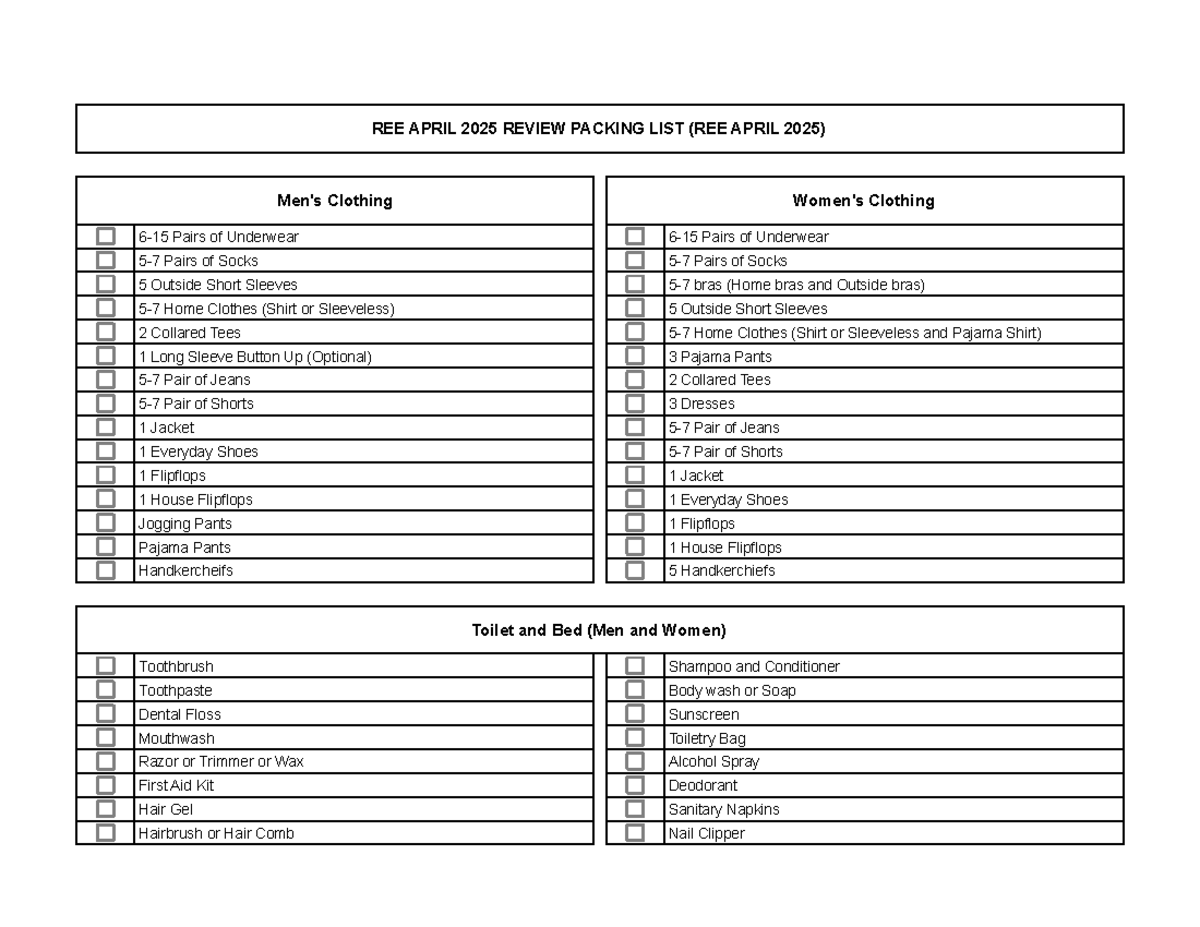 REE April 2025 Review Packing List for Men and Women Essentials - Studocu