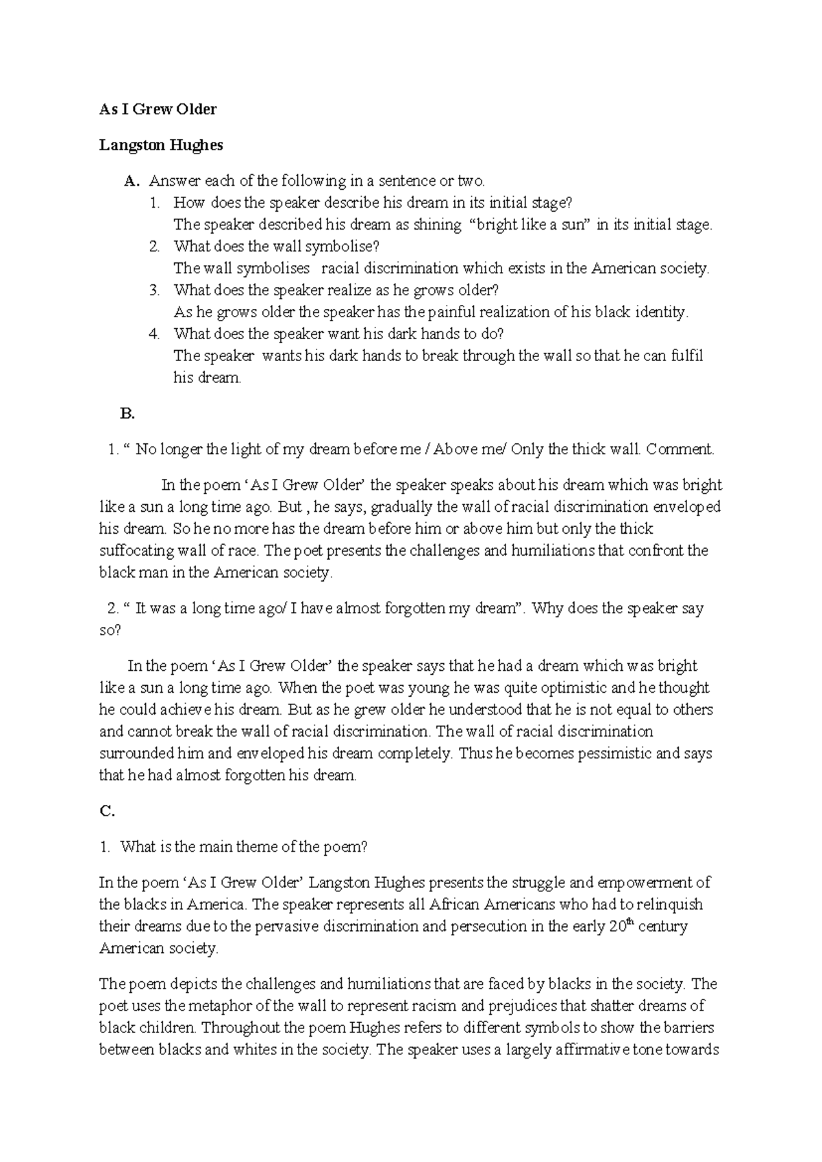Langston Hughes' "As I Grew Older" - Poem Analysis & Insights - Studocu
