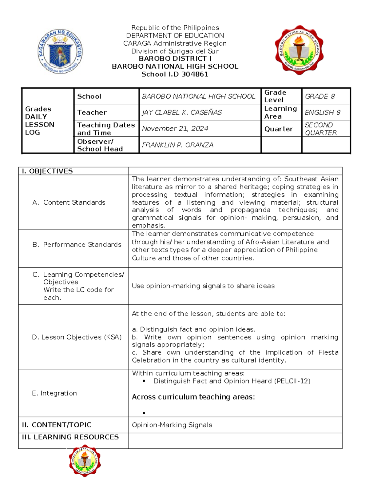 Grade 8 English Lesson Plan: Fact vs. Opinion (COT-2) - Studocu