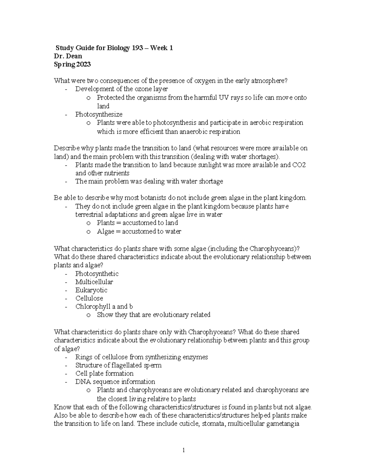 Study Guide 1 Dean - Study Guide for Biology 193 – Week 1 Dr. Dean ...