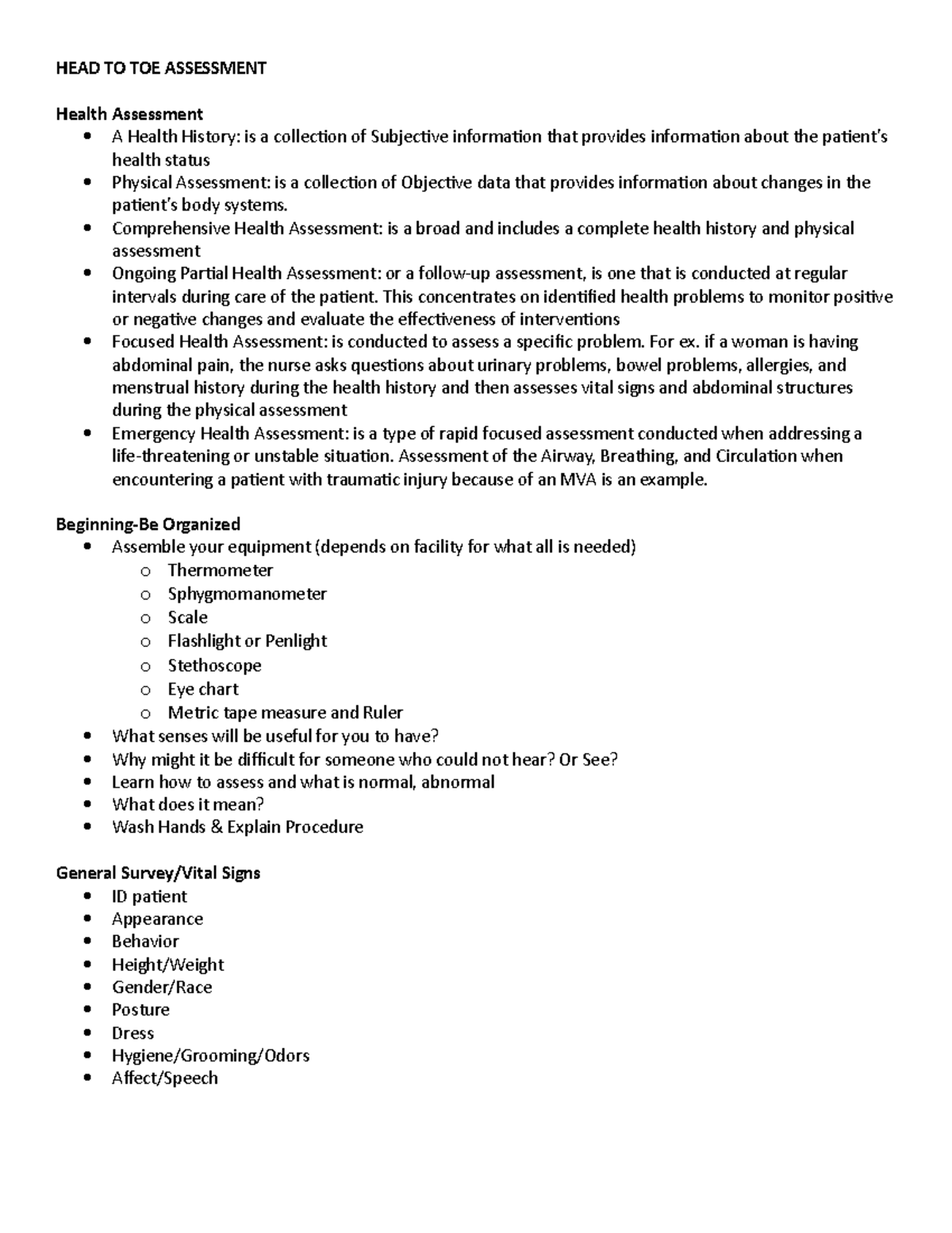 Comprehensive Head to Toe Assessment - Health Evaluation Guide - Studocu