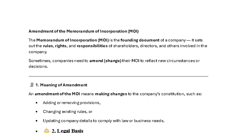 Amendment of the Memorandum of Incorporation (MOI) Explained - Studocu
