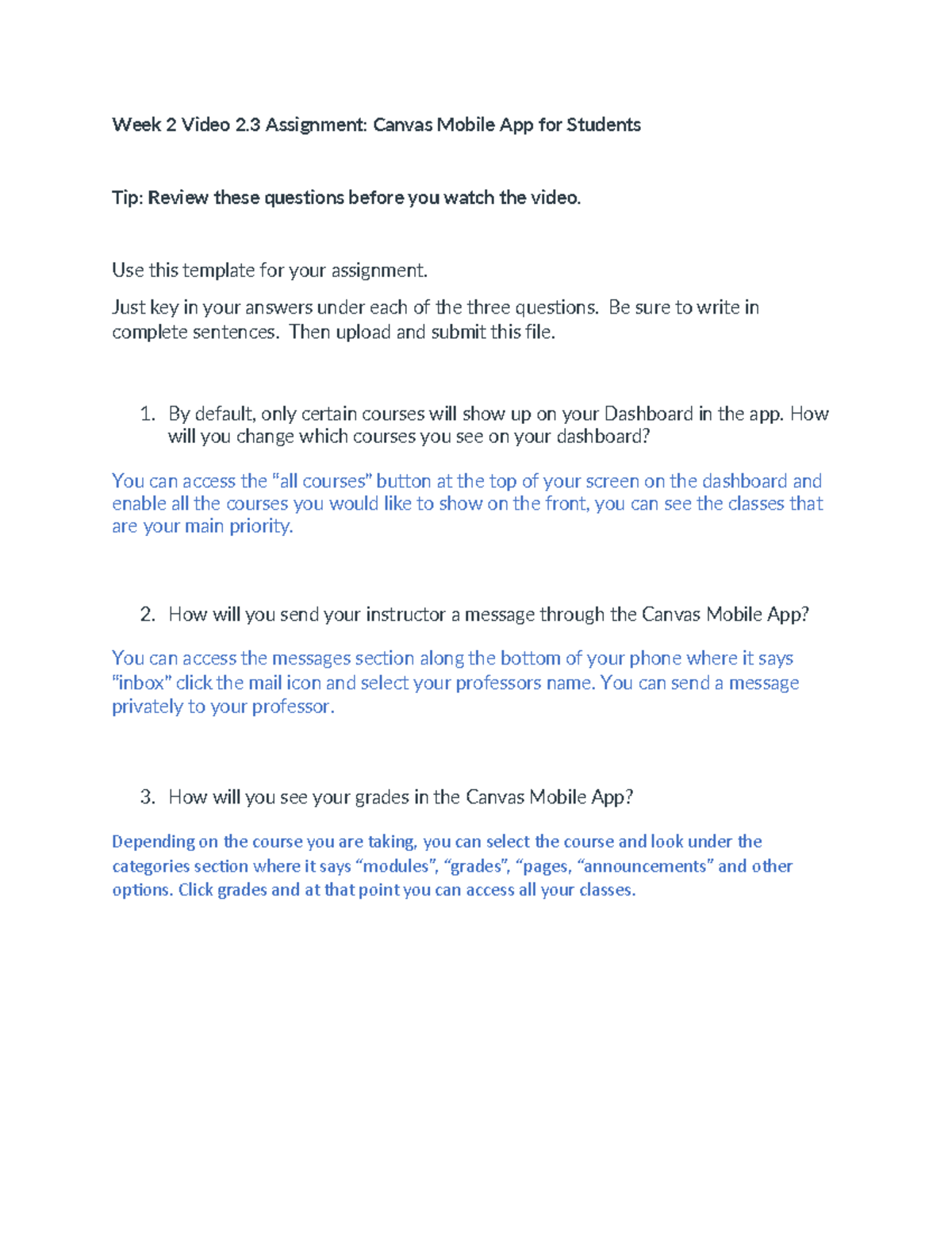 Week 2 Video 2.3 Assignment: Using the Canvas Mobile App - Studocu