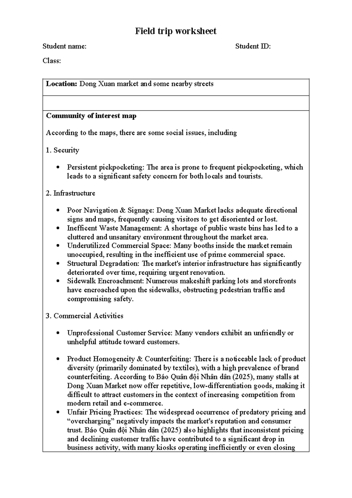 Field Trip Worksheet: Dong Xuan Market Analysis (Course Code: 20% ...