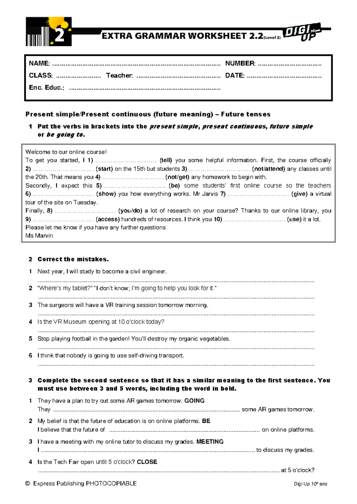 Extra Grammar Worksheet - Present Simple & Continuous (Future) - Level ...