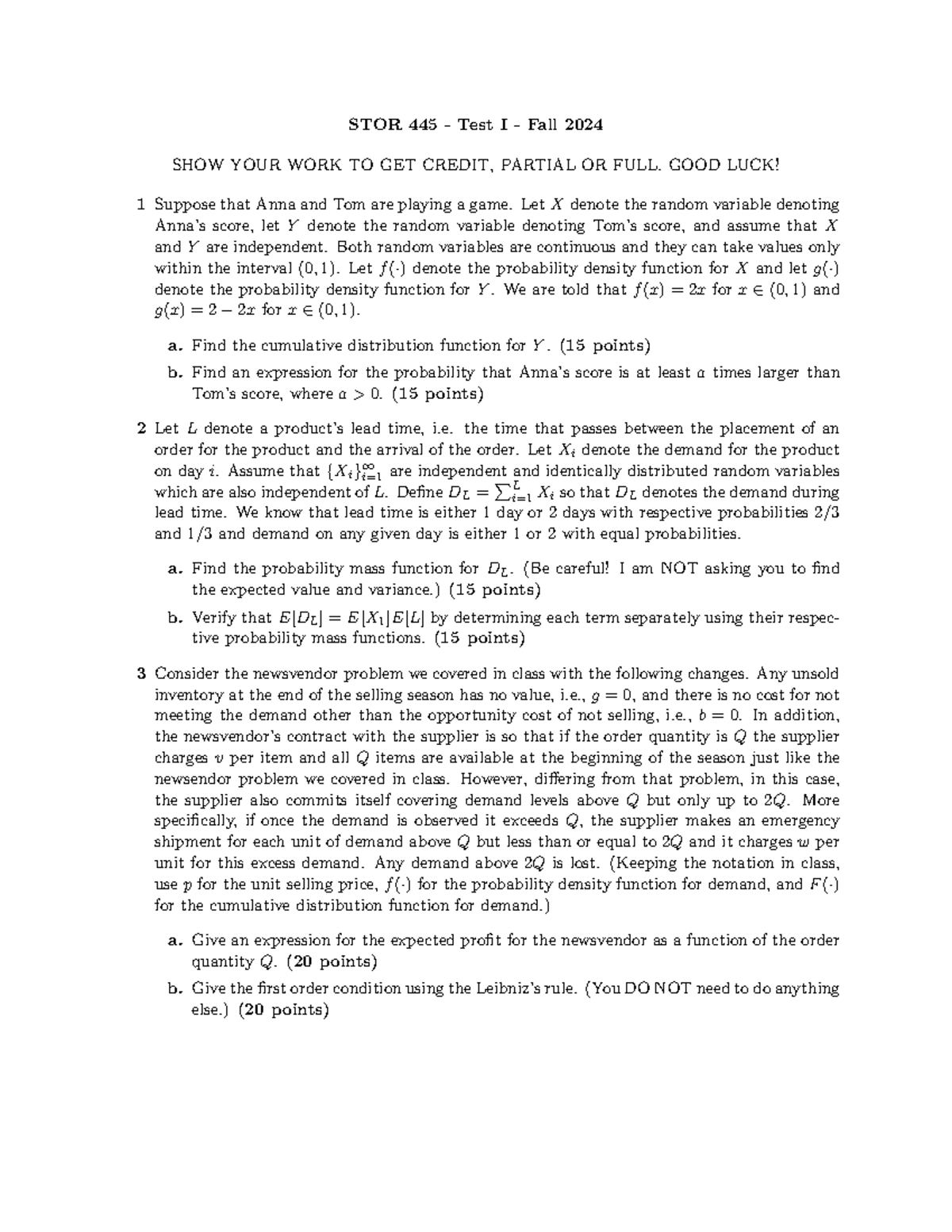 STOR 445 Fall 2024 Test I - Probability & Inventory Management Concepts ...