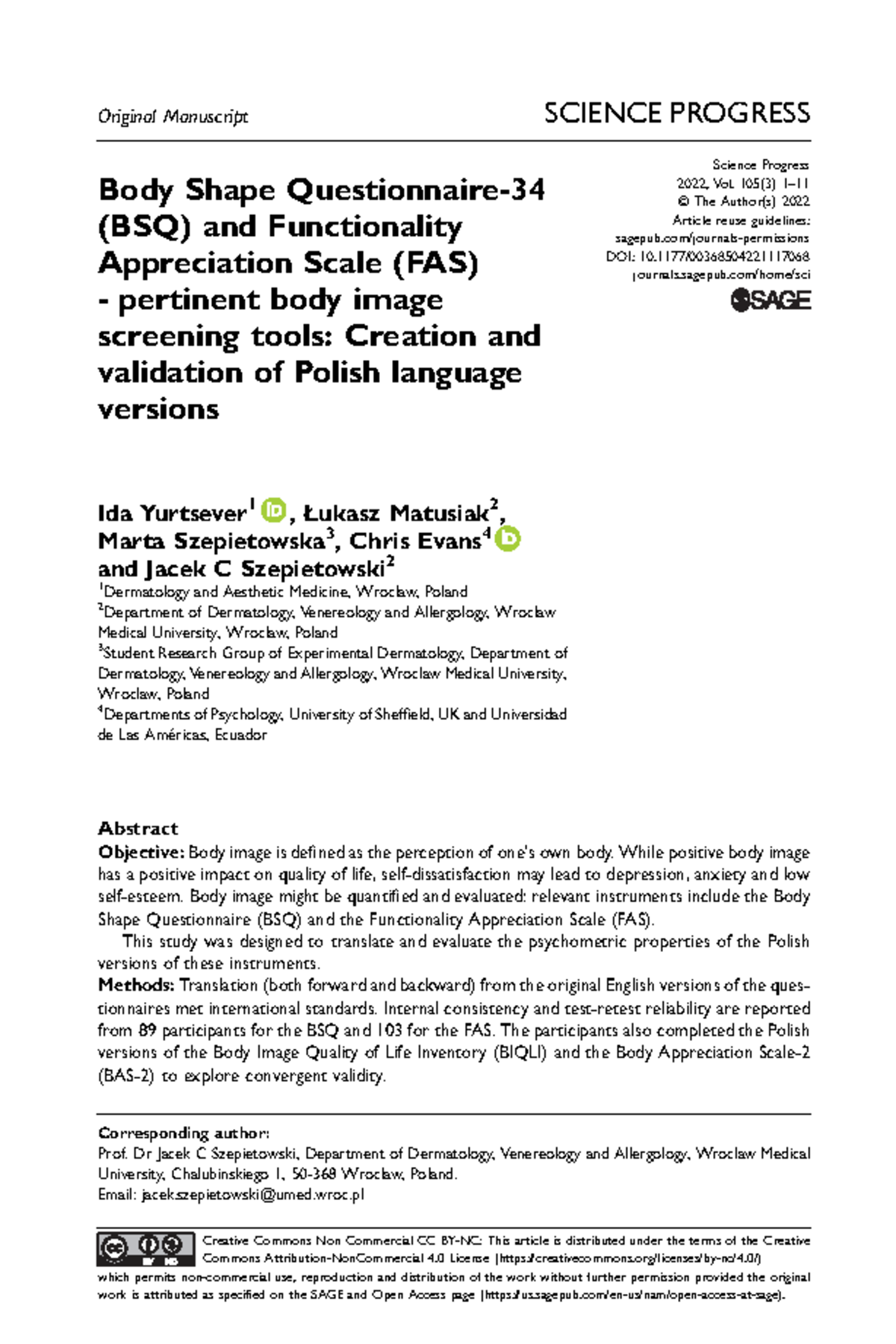 Creation and Validation of Polish Versions of BSQ and FAS - Studocu