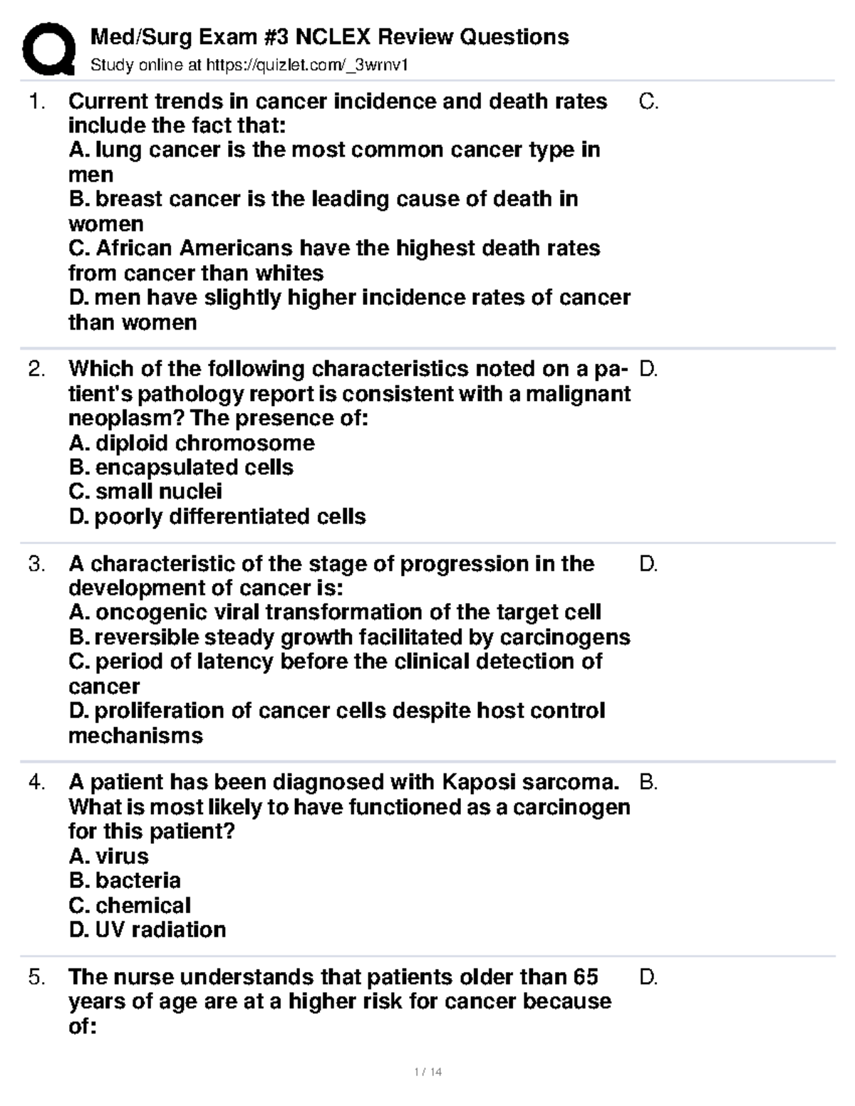 Cancer Exam NCLEX Review Questions (Course Code: 609194861) - Studocu