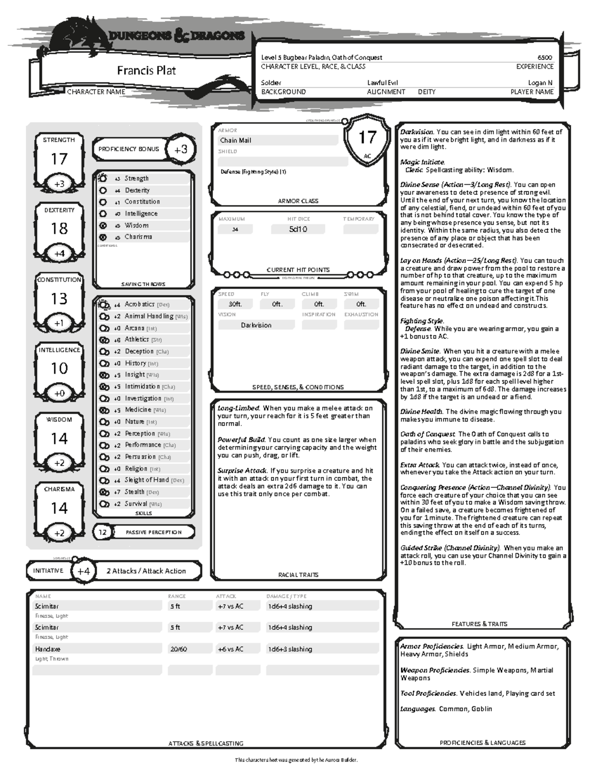 Level 5 Bugbear Paladin Character Sheet (DND 5E) - Studocu