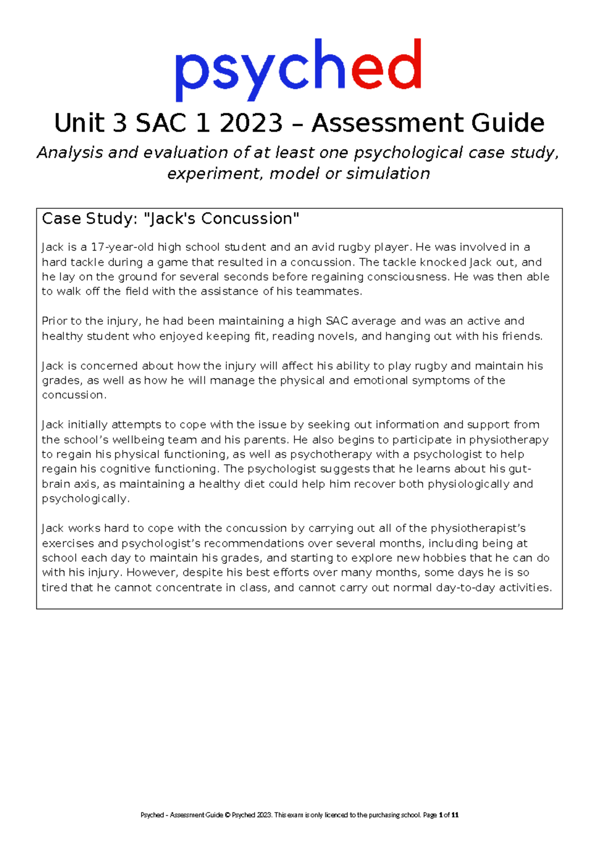 Psyched Unit 3 SAC 1 2023 - Psychological Case Study Analysis - Studocu