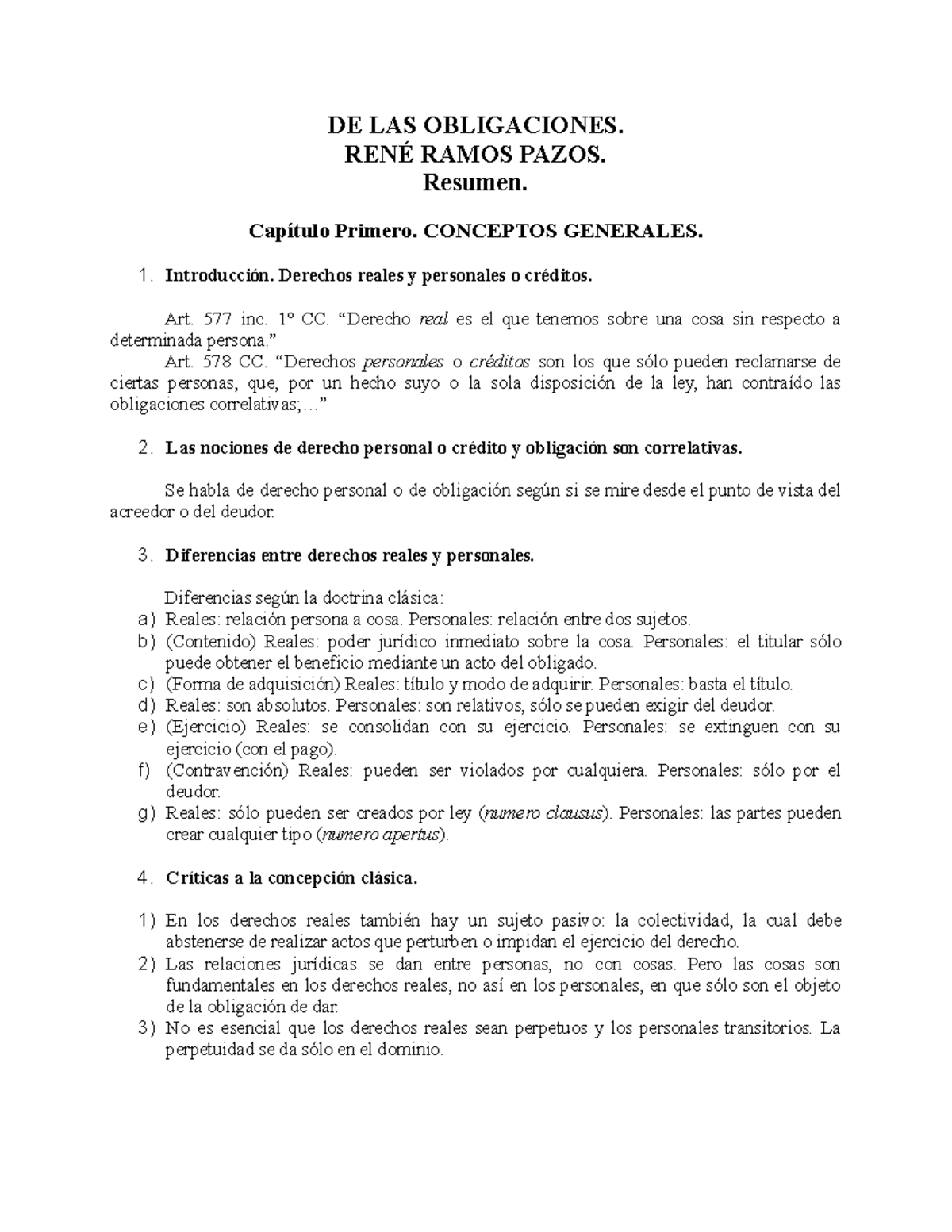 Resumen de Obligaciones - Capítulo I: Conceptos Generales (CC) - Studocu