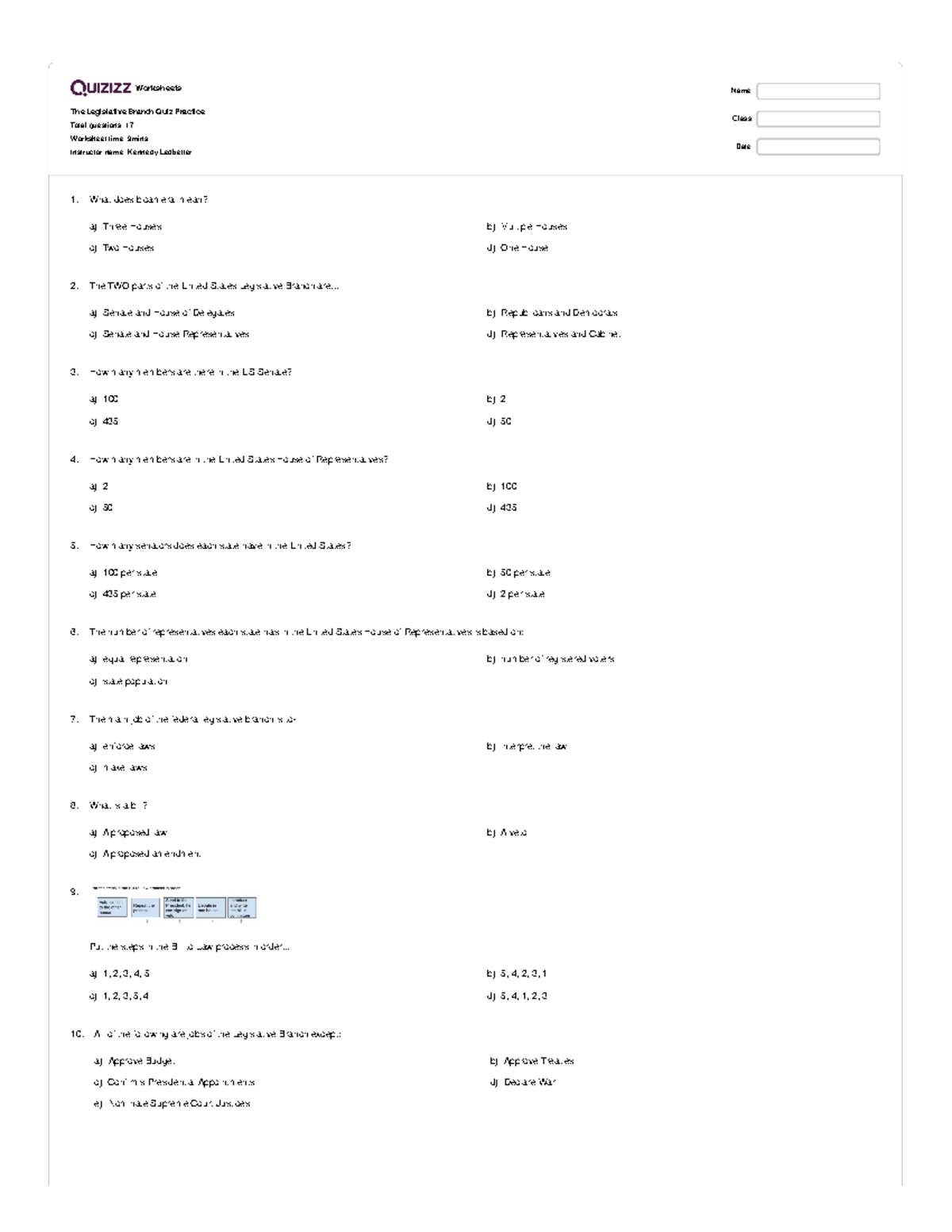 Legislative Branch Quiz Practice: 17 Questions for Review - Studocu