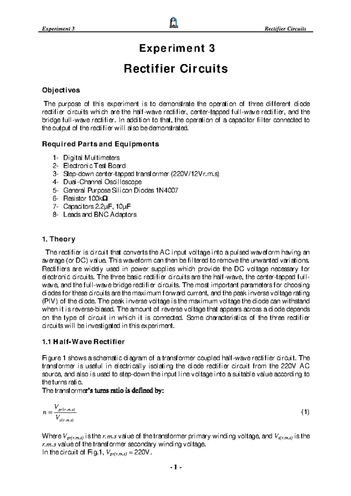Experiment 3: Analysis of Diode Rectifier Circuits and Filtering - Studocu