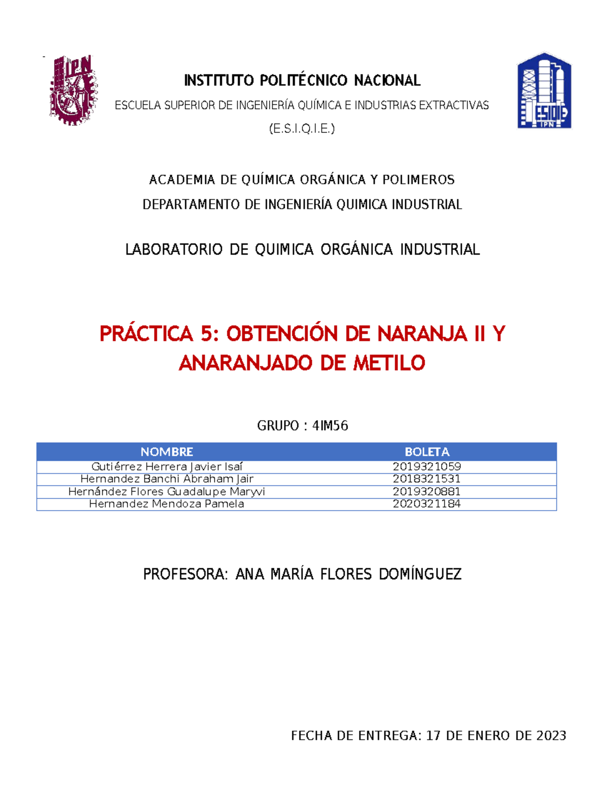 Práctica 5: Obtención de Naranja II y Anaranjado de Metilo - 4IM56 ...