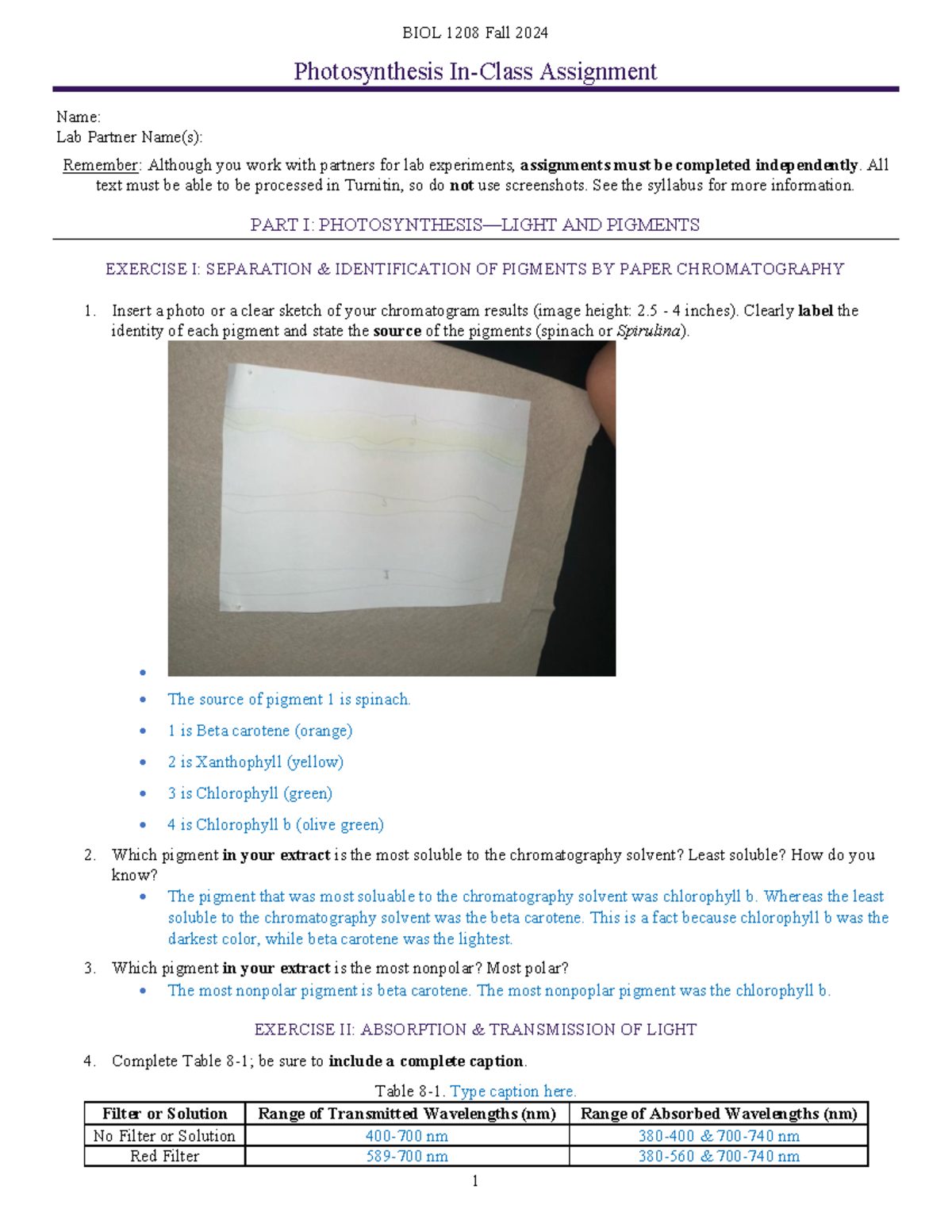 BIOL 1208 Fall 2024 Photosynthesis Lab Assignment: Pigments & Light ...