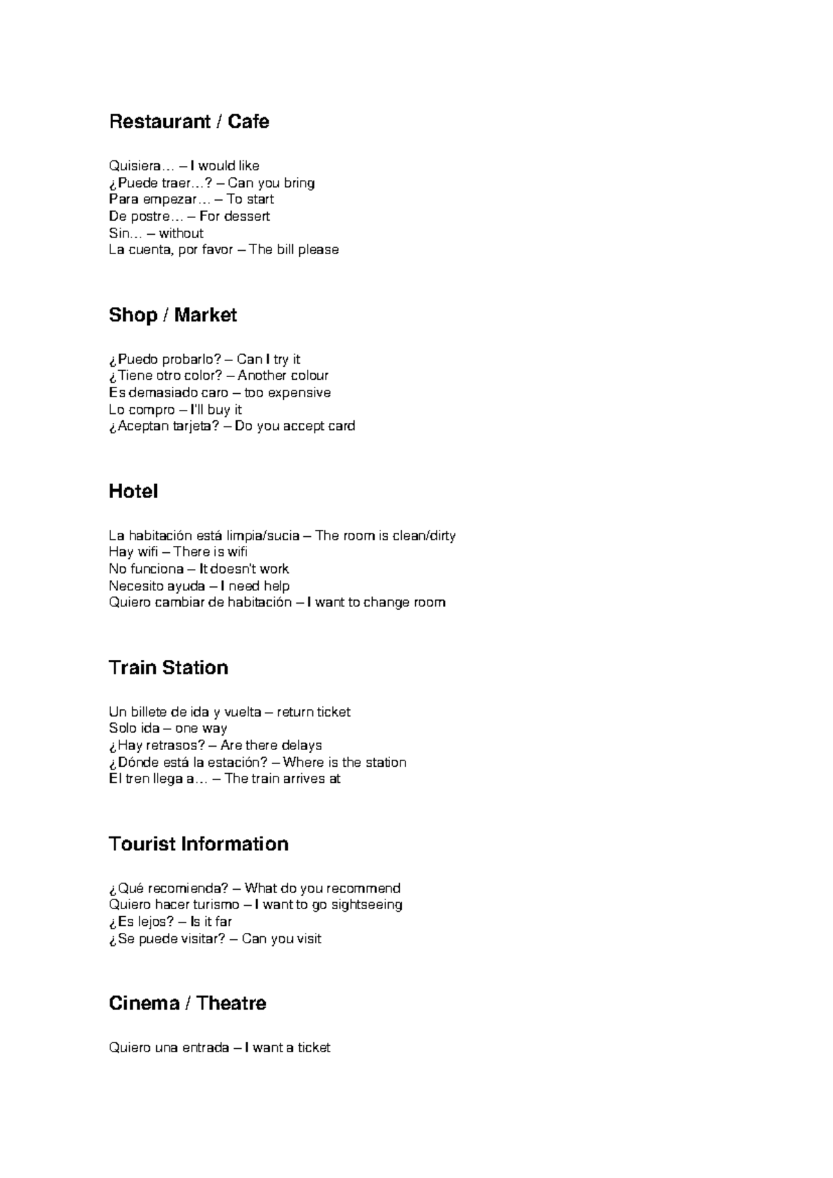 Spanish Roleplay Vocabulary: Restaurant, Hotel, Train, and Cinema - Studocu