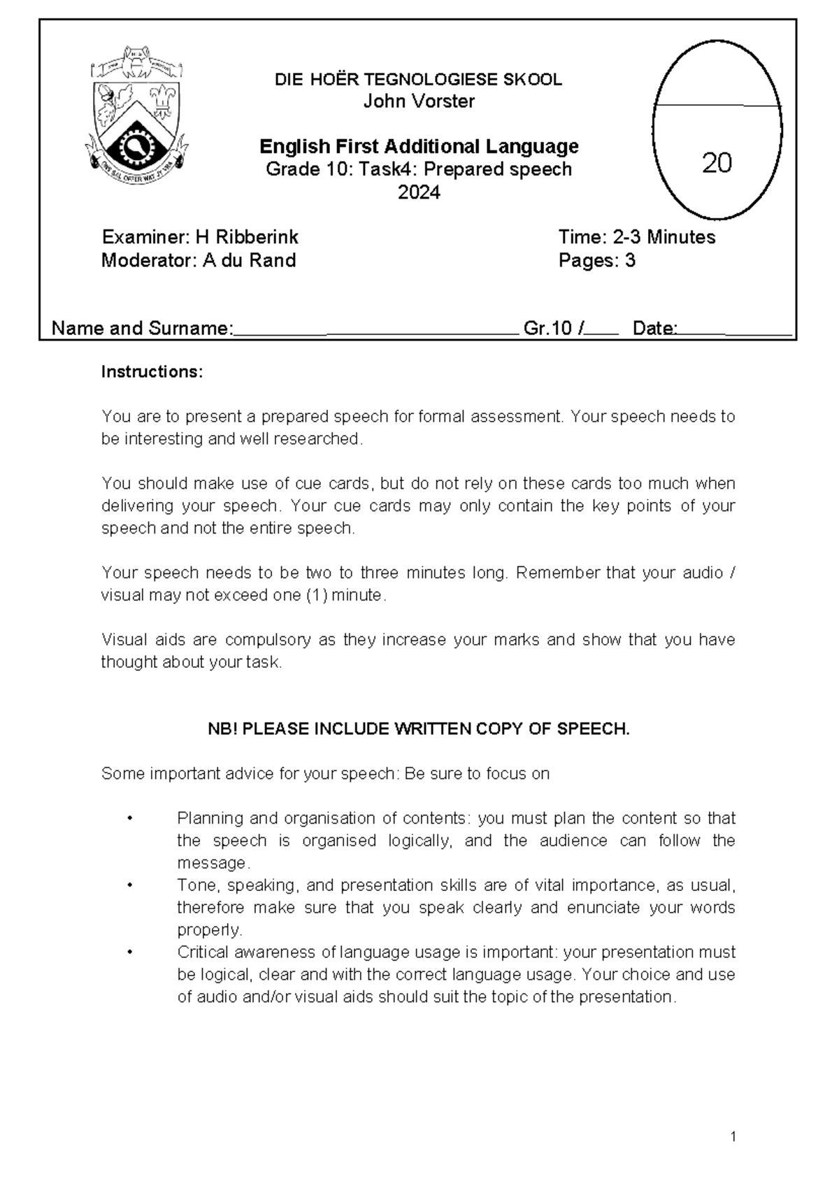 Grade 10 English Prepared Speech Task 4 - Term 2 2024 - Studocu