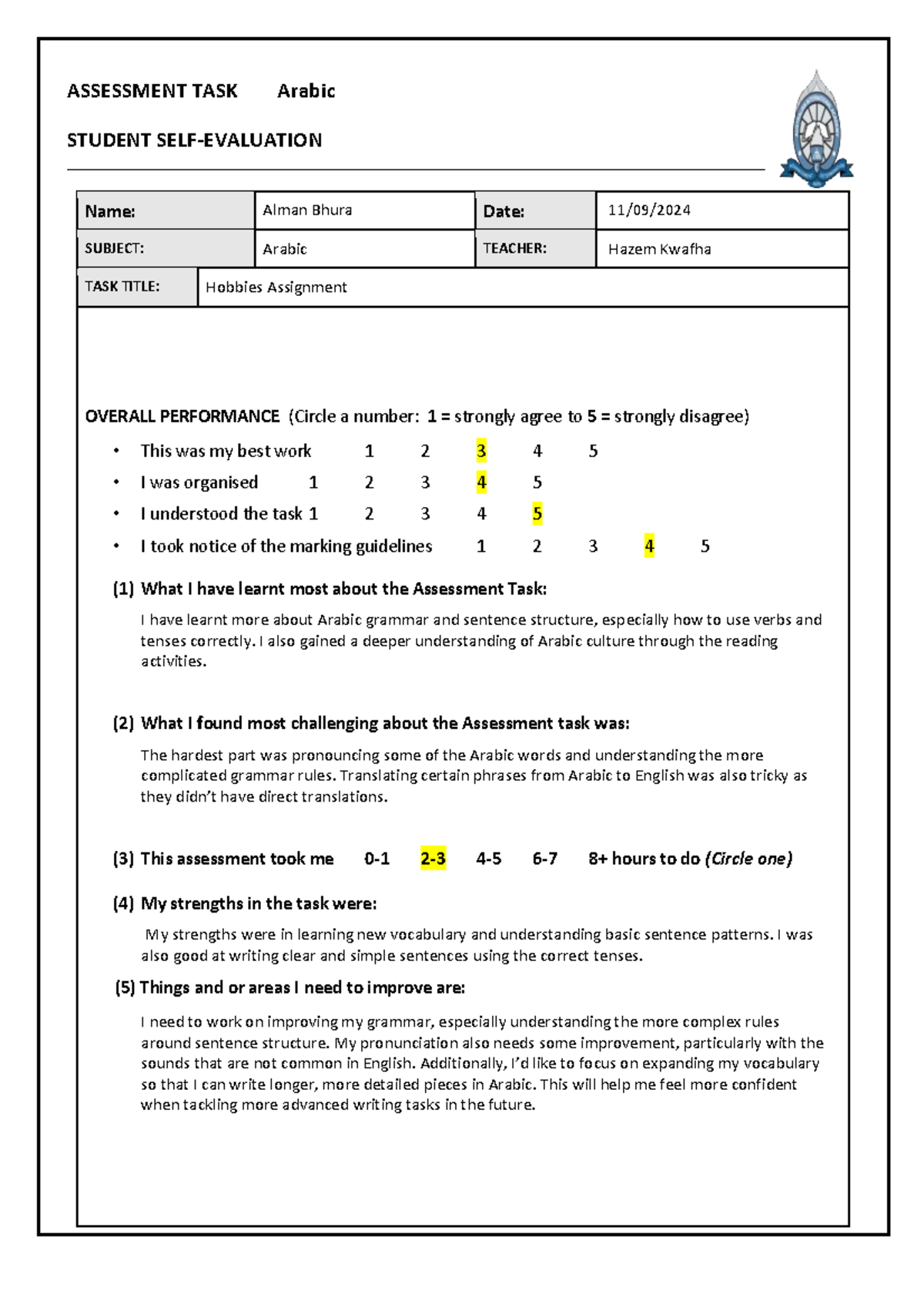 Arabic Assessment Reflection Sheet - Hobbies Assignment 2024 - Studocu