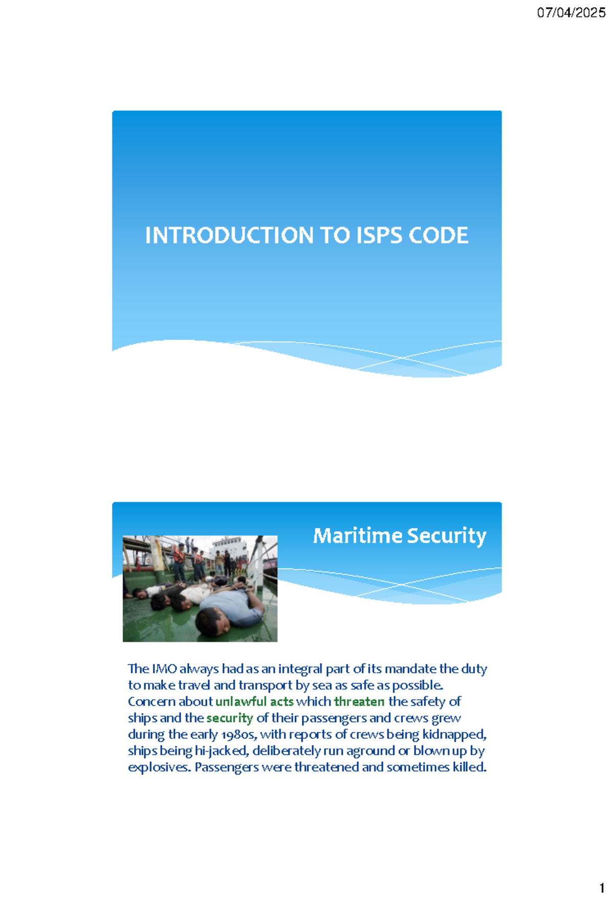 Introduction to ISPS Code: Maritime Security Overview and Guidelines - Studocu