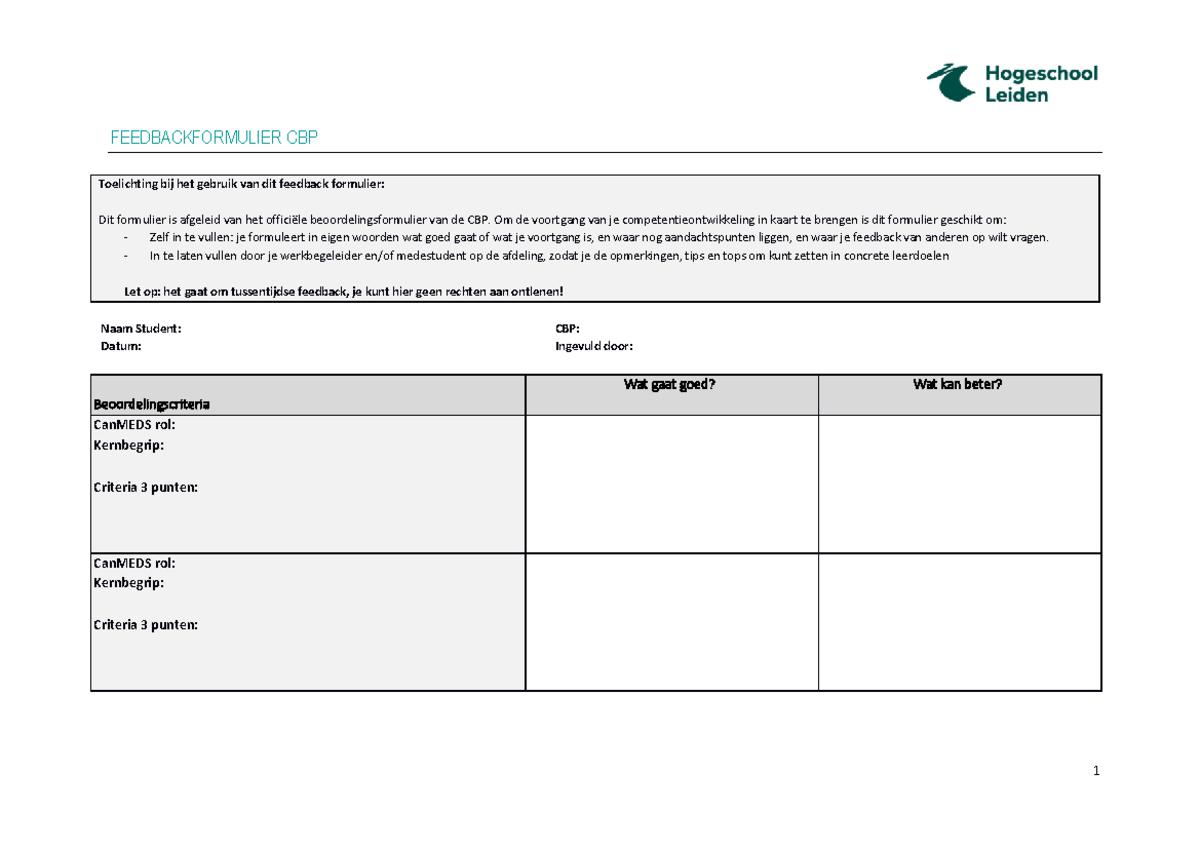 Format Feedbackformulier CBP: Tussentijdse Beoordeling en Reflectie ...