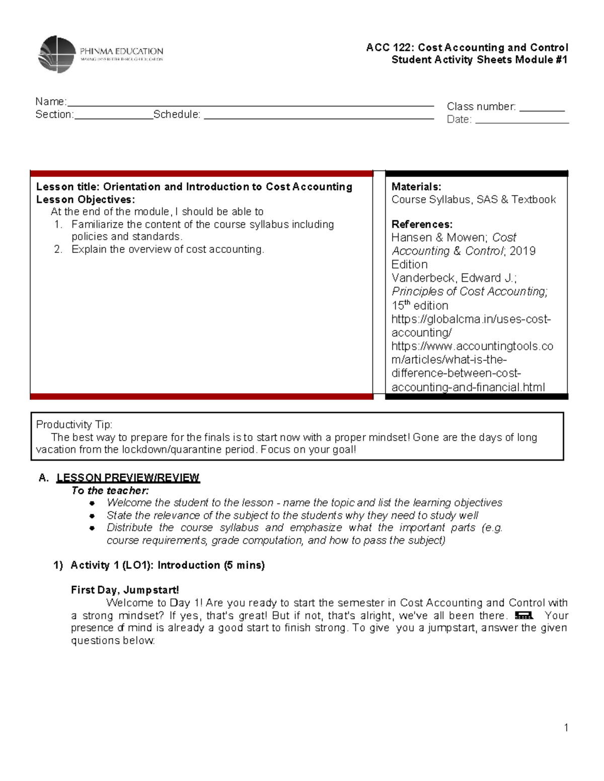 ACC-122: Cost Accounting and Control - Orientation & Lesson Overview ...