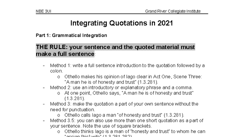 NBE 3UI Integrating Quotations: Grammatical Methods & MLA Tips - Studocu
