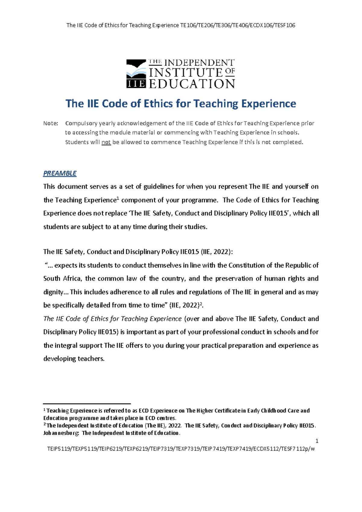 TEIP7319 TE306 IIE Code of Ethics for Teaching Experience Guidelines ...