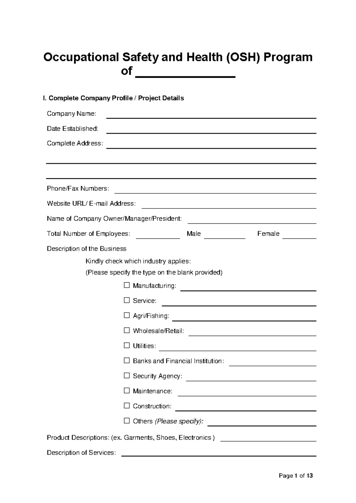 OSH Program Template - Occupational Health and Safety - BOSH ...