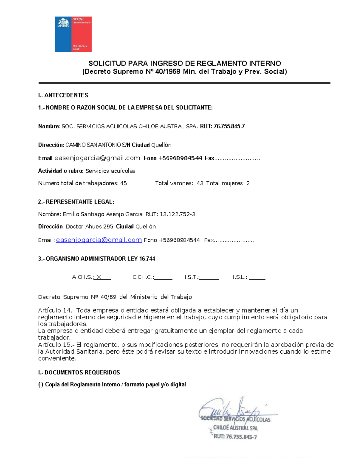 Solicitud de Reglamento Interno - Seremi Chiloé Austral - Studocu