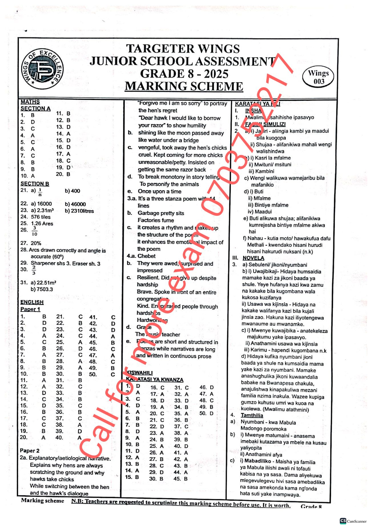 Grade 8 Targeter Wings 003 Assessment Marking Scheme 2025 - Studocu