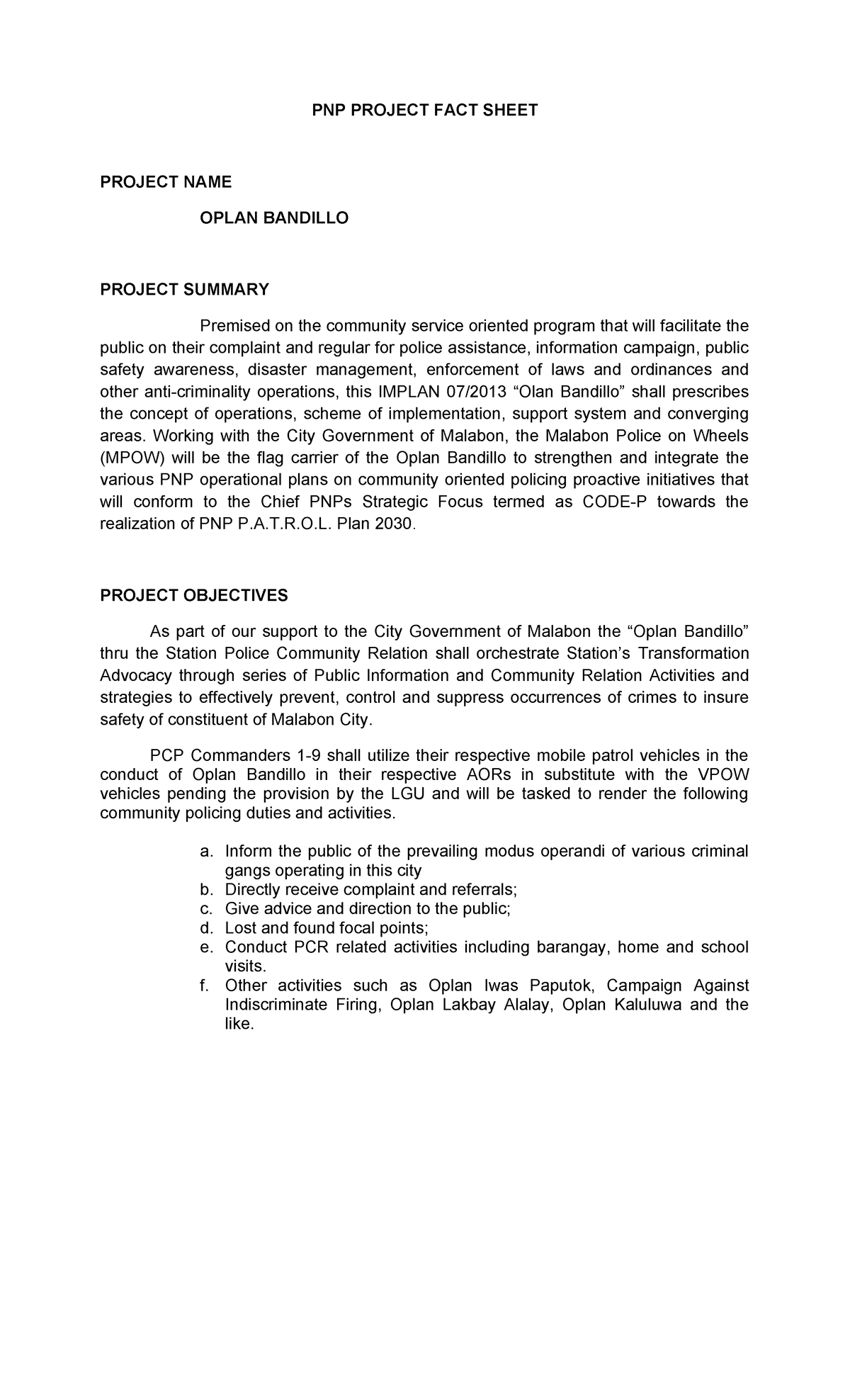 PNP Project FACT Sheet: Oplan Bandillo 2nd Quarter Overview - Studocu