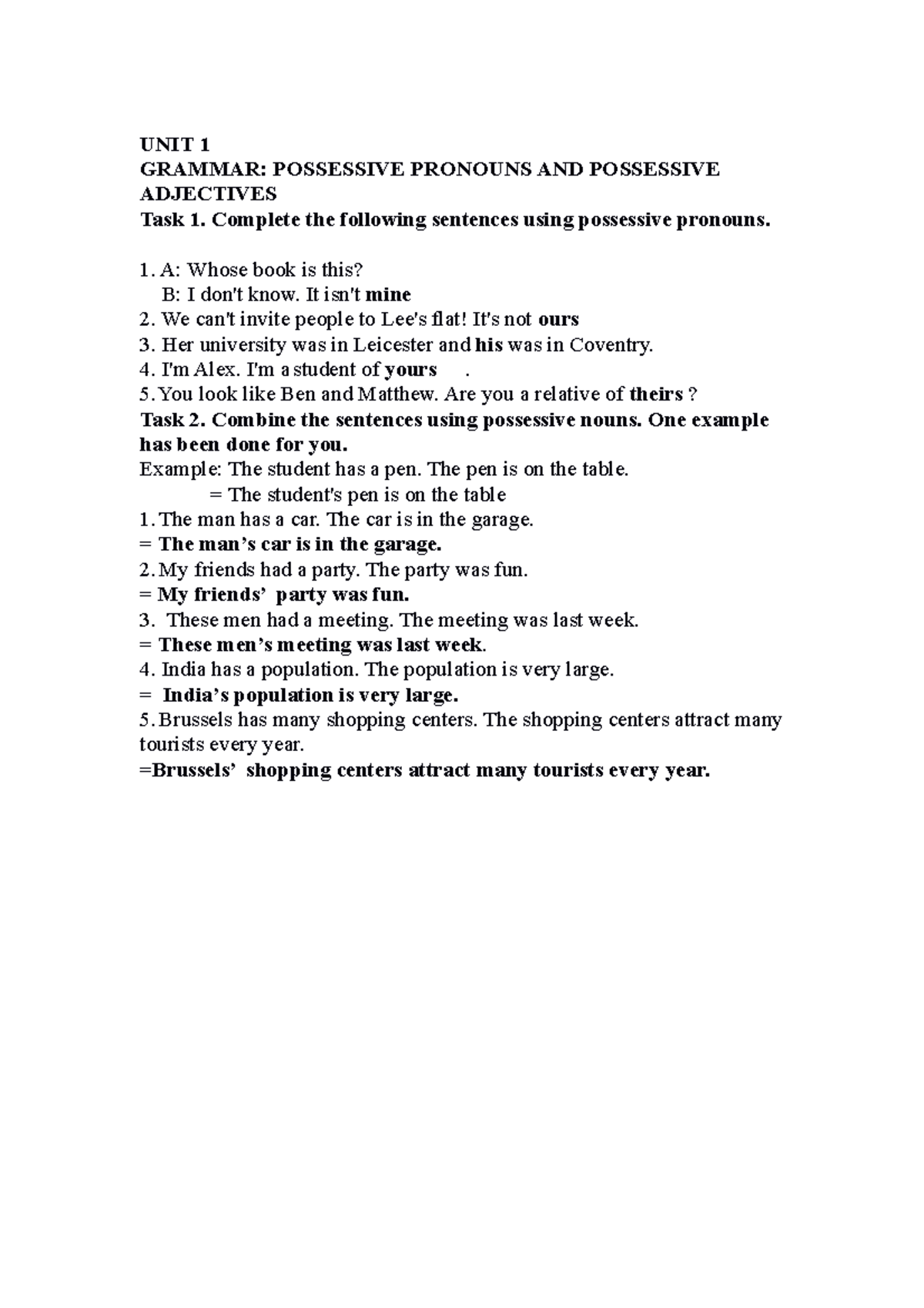 U1. Grammar: Possessive Pronouns & Nouns - Semi-controlled Practice ...