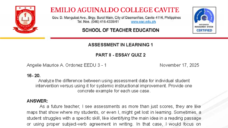 EEDU 3 ASSESSMENT IN LEARNING 1: ESSAY QUIZ 2 Analysis - Studocu