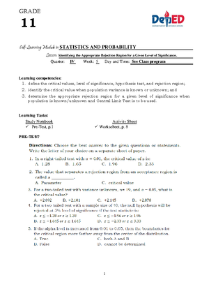 Quarter 4 Module 4 Stat - Grade 11 Self-Learning Module in STATISTICS ...