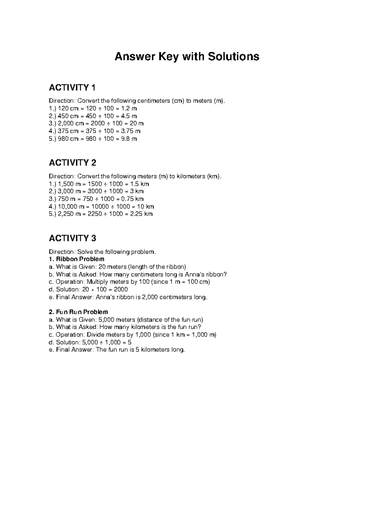 Grade 4 Conversions Answer Key: Activity Solutions and Steps - Studocu