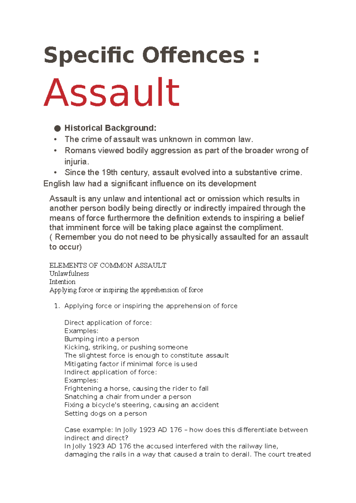 Specific Offences: Assault Notes (LAW 101) - Studocu